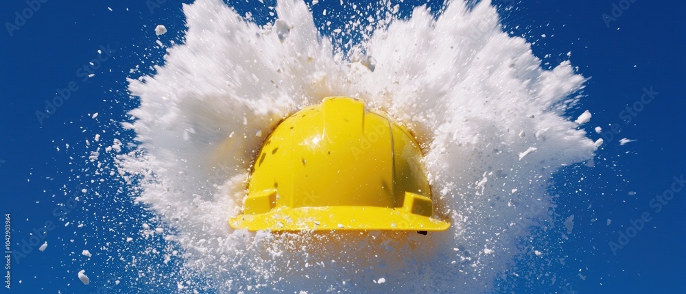 Exploding construction helmet, debris scattering around, capturing the ...