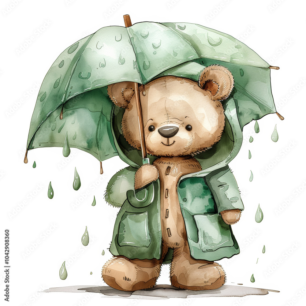 Cute teddy bear holding an umbrella in the rain wearing a green ...