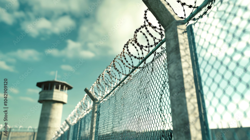 High security prison fence with barbed wire and a watchtower under a ...