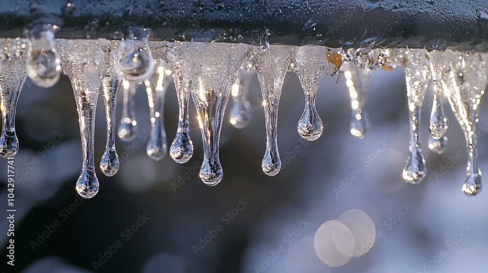 2410 74.A steady stream of water dripping from the roof, each droplet ...