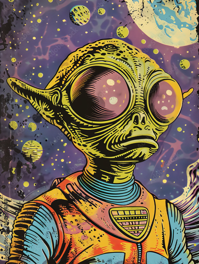 retro 1960s 1950s style vintage space alien little green man on another ...