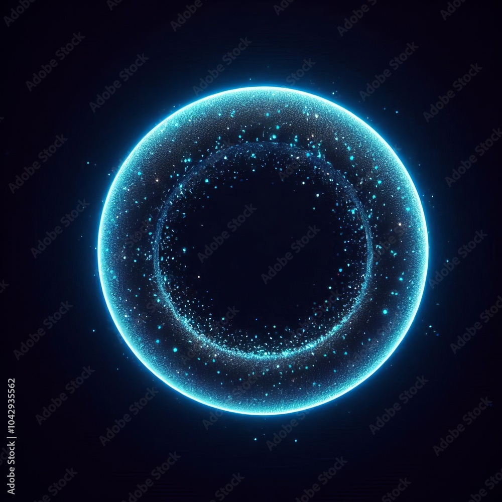 Starry night sky background with glowing stars and blue circle round ...