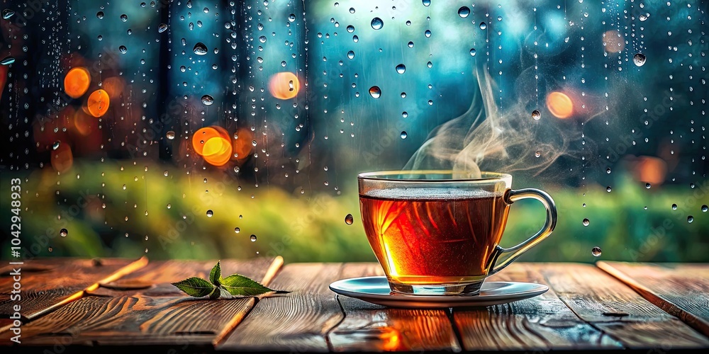 Tranquil Rainy Day: A Glass of Tea on a Wet Table with a Panoramic View ...