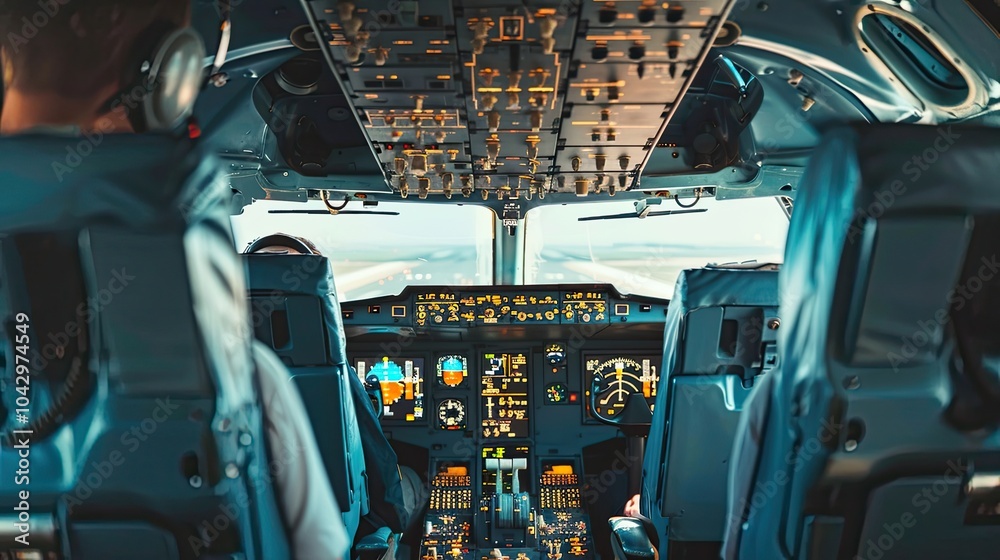 Cockpit view with pilots preparing for takeoff. Aviation, technology ...
