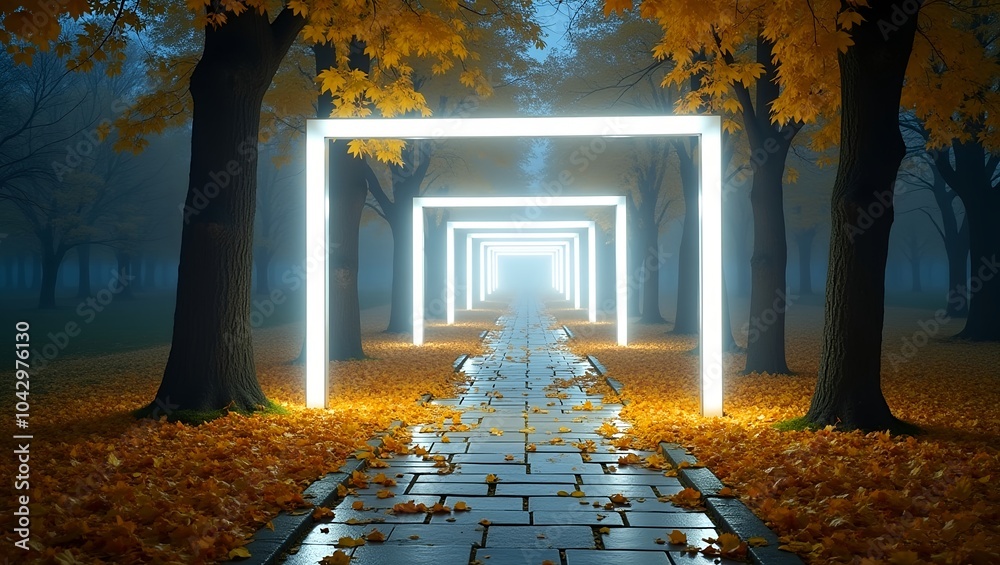 alley in a park illuminated by modern LED structures, creating a light ...