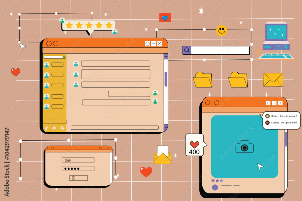 Y2k windows, retro screens in retrowave, vaporwave vintage style ...