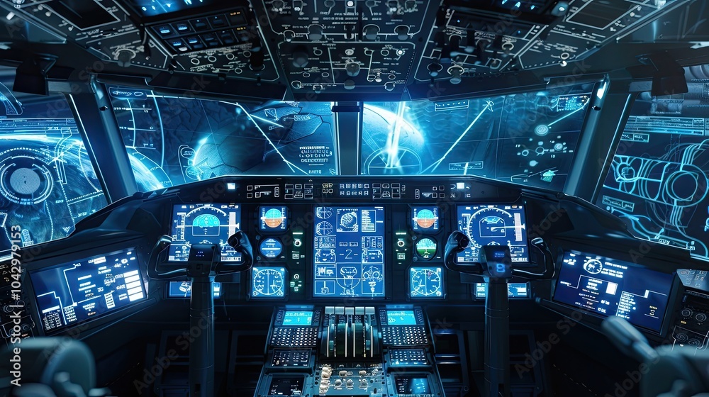Airplane cockpit with illuminated control panel and flight instruments ...