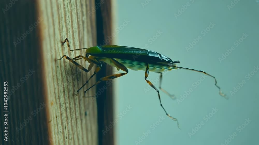 Observe green planthopper moving slowly wooden door macro videography ...