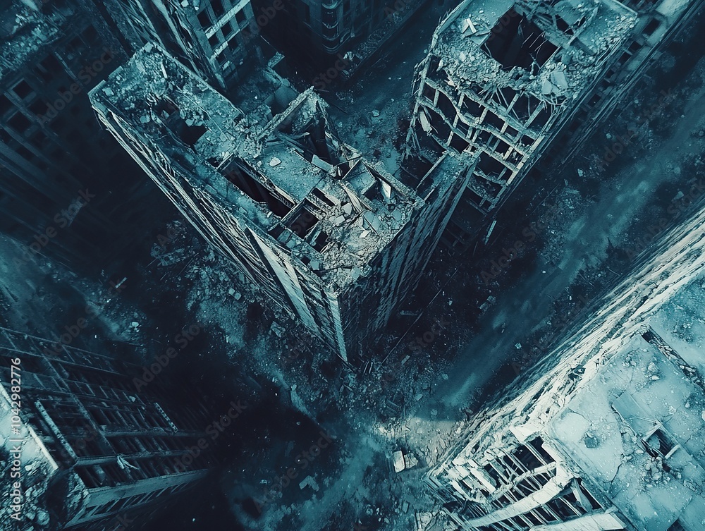 Burnt destroyed high-rise buildings in a war zone, earthquake or after ...