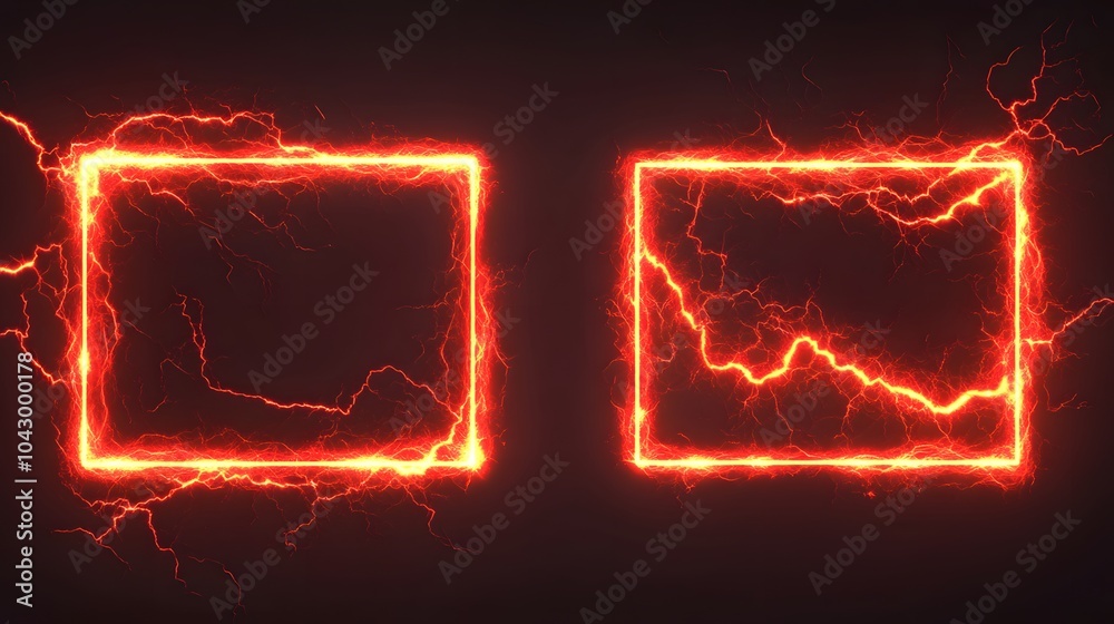Lightning frames, red electric borders of rectangular and square shapes ...