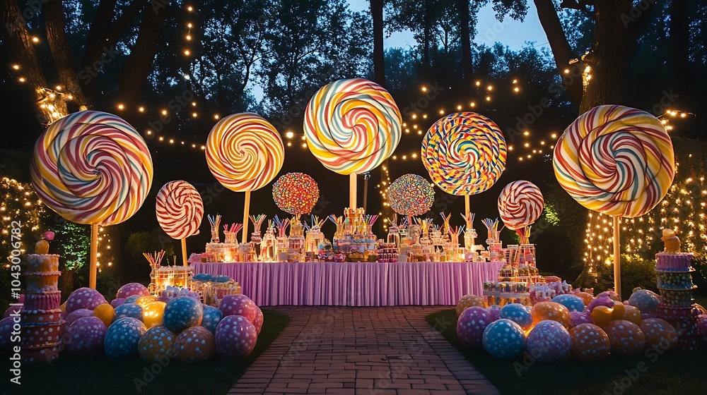 A candy-themed party decor with giant lollipop sculptures, pastel ...