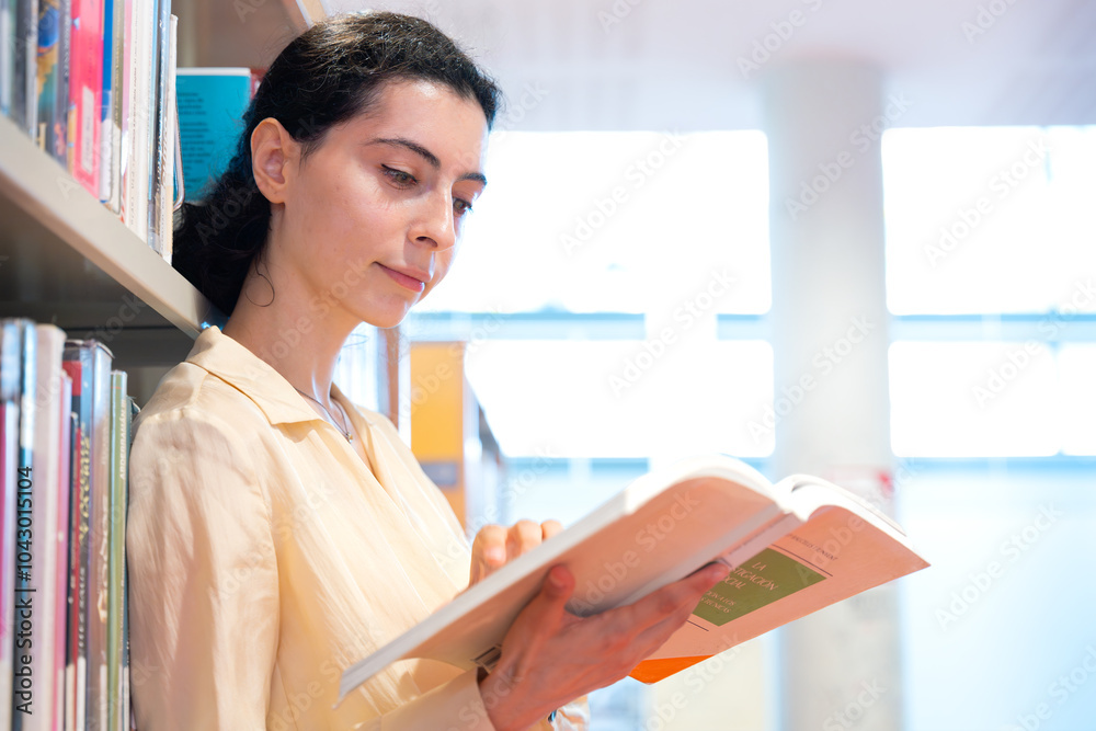 Young woman enjoys reading a book in a brightly lit library, standing ...