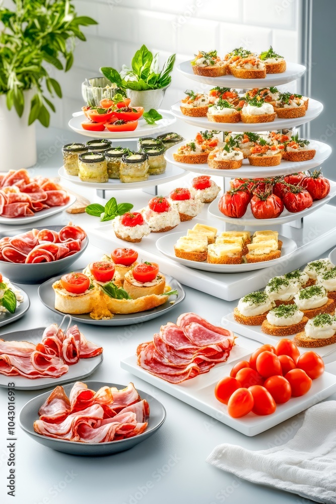 Mesa de buffet con diferentes aperitivos como embutidos, tomates ...