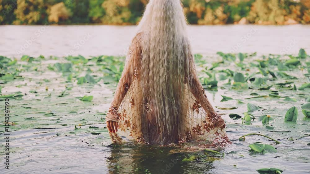 fantasy blonde woman river nymph hand touching stroking yellow water ...