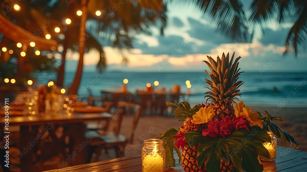 A tropical paradise setting with a beach-themed birthday decor ...