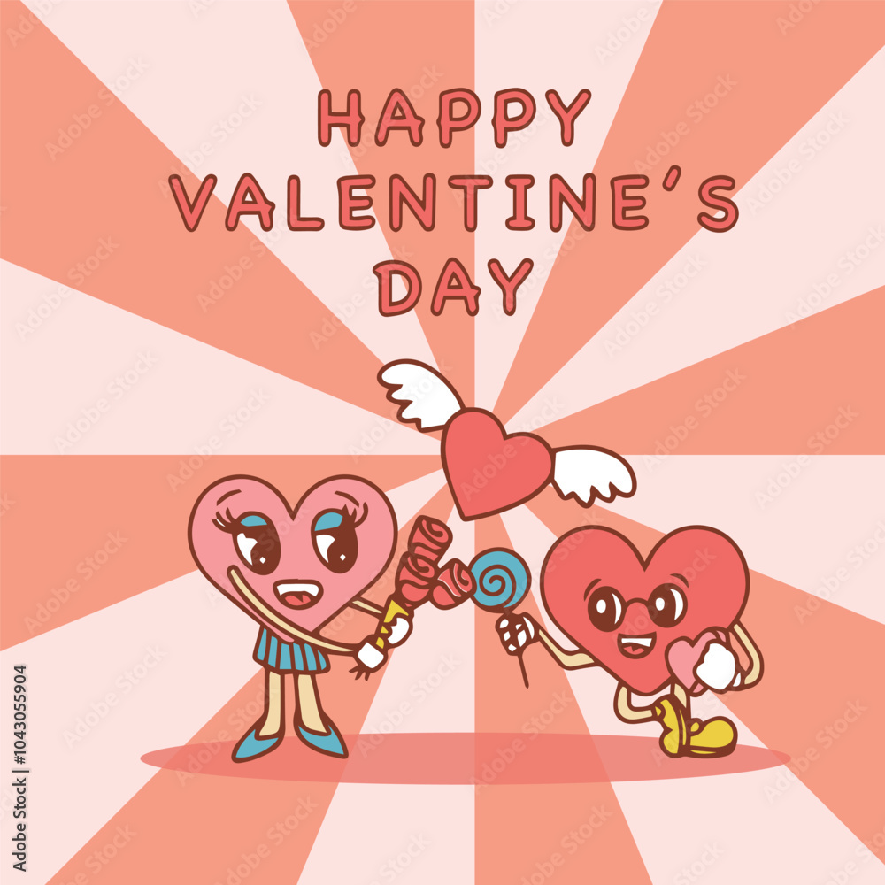 Cute funny hearts on retro background. Cute love symbols with faces in ...