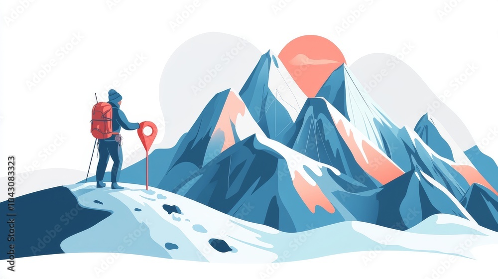 simplified mountaineering concept, abstract snow-covered peaks ...