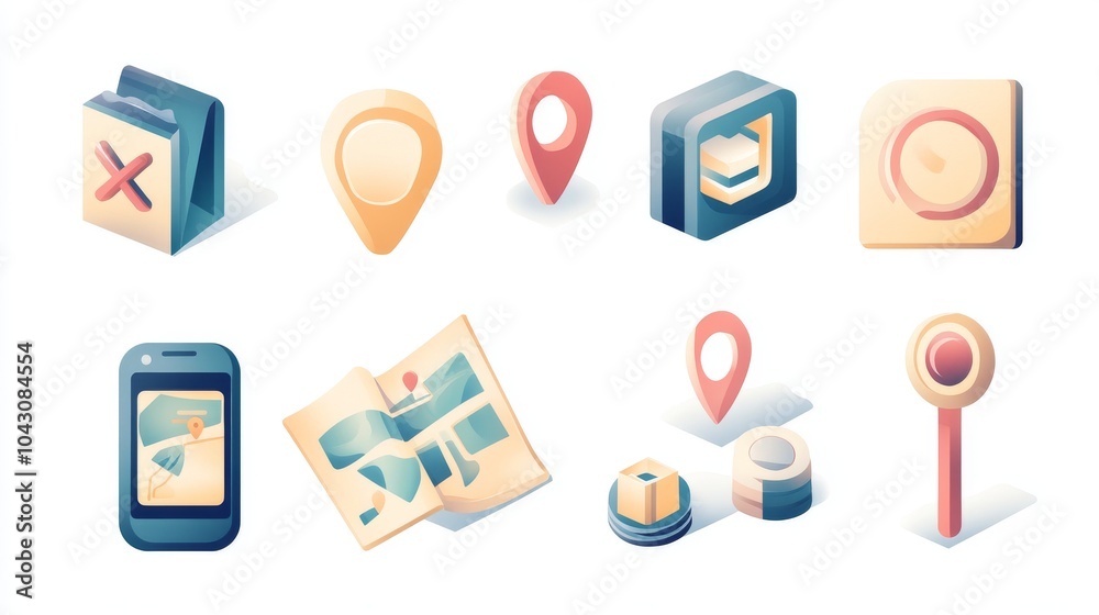 digital cartography icons, soft color palette, stylized map ...