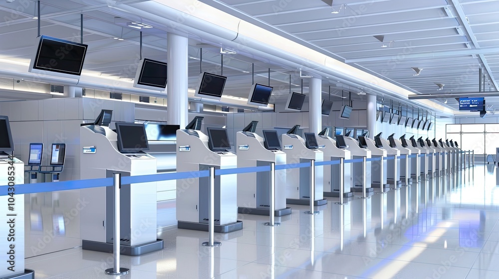 Empty airport check-in counters with electronic displays. Flight ...