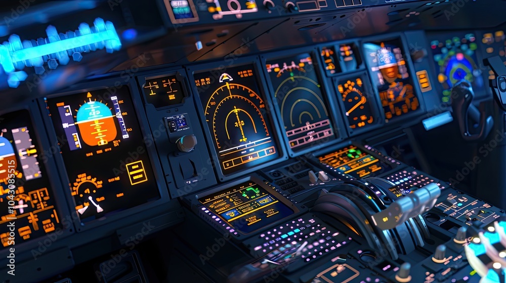 Airplane cockpit with illuminated control panel and flight instruments ...