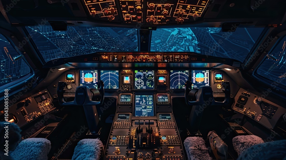 Airplane cockpit with illuminated control panel and flight instruments ...