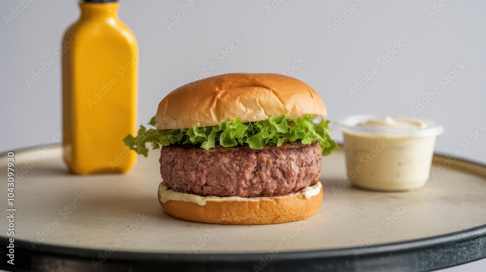 patty chicken burger with salad leaf mayo mustard sauce on table ...
