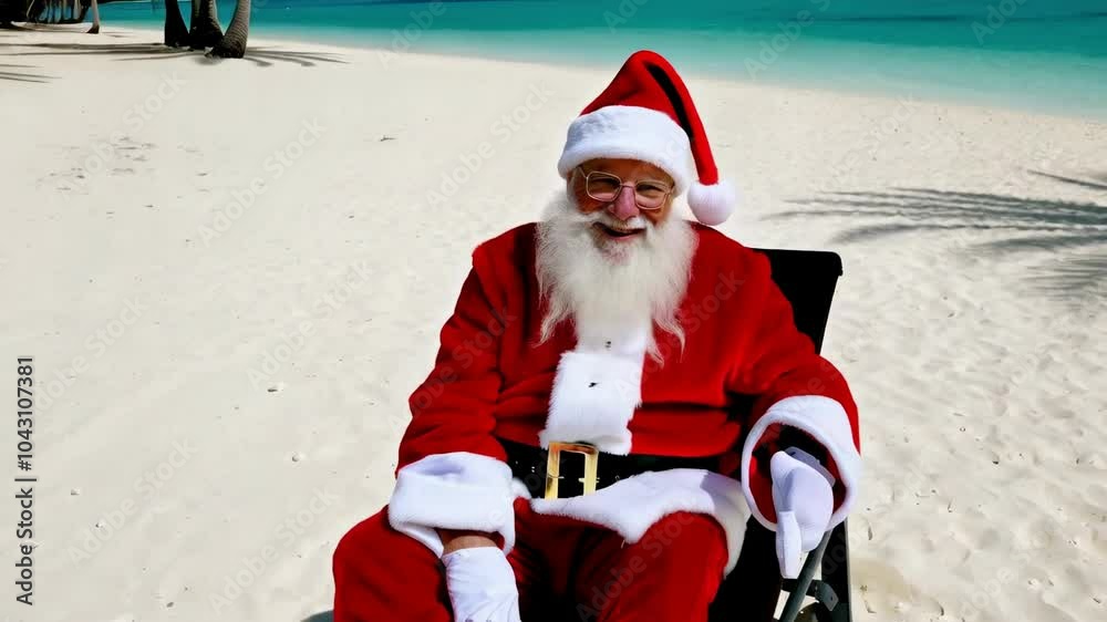 Video animation Santa relaxing at the beach, stretched out on a sun ...