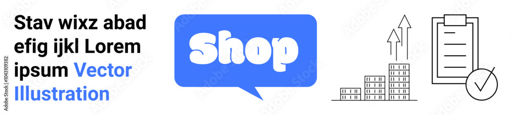 Blue speech bubble with the word Shop in bold white letters. Bar chart ...
