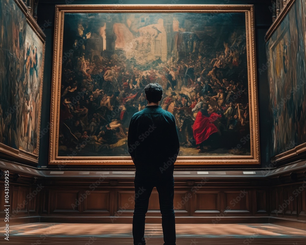 Back of an adult person looking at paintings in art gallery of an old ...