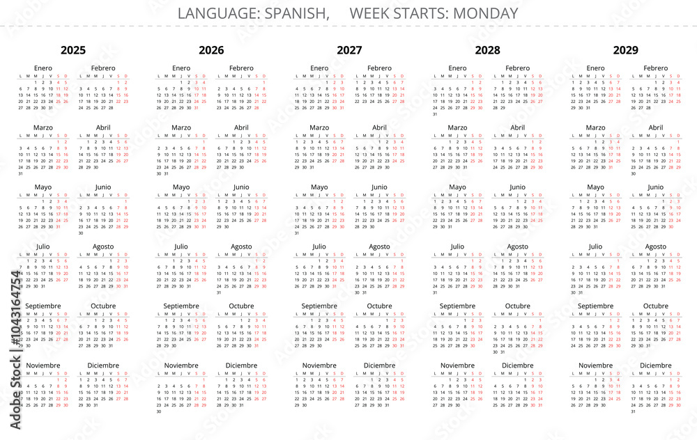2025, 2026, 2027, 2028, 2029 vertical spanish year calendars. Simple ...