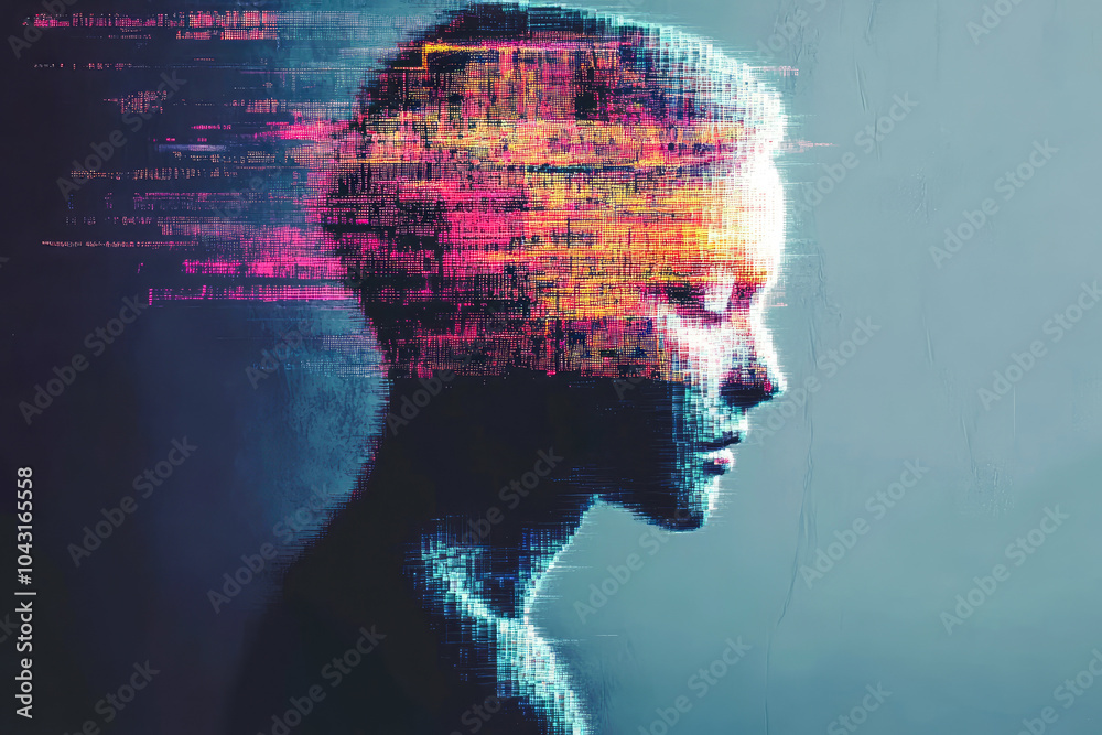 An artistic side profile of a human figure with a glitch effect ...
