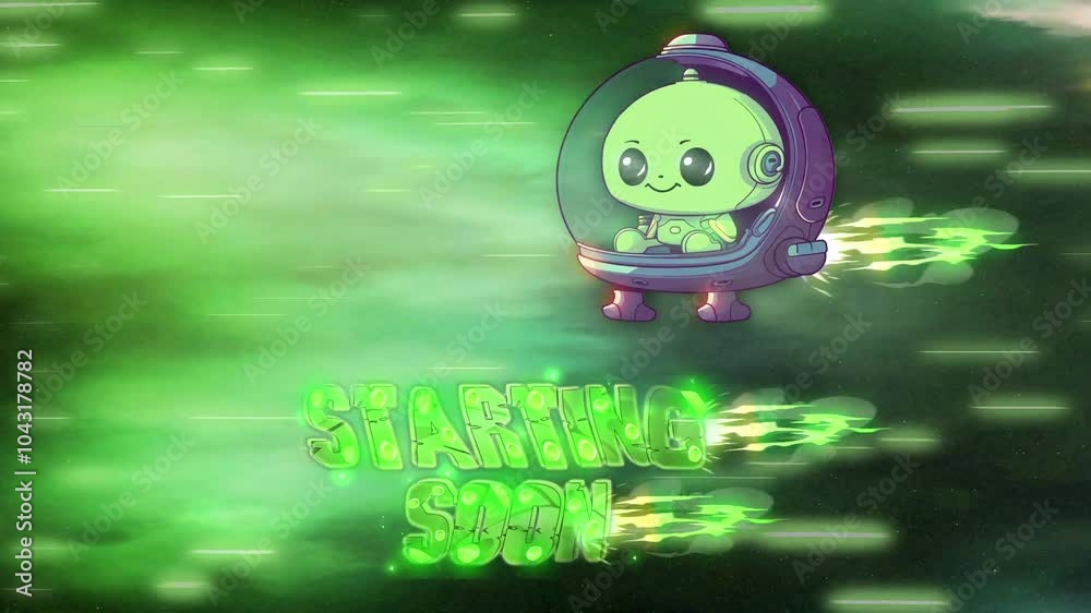 Animated twitch starting soon screen with cute kawaii green alien in ...