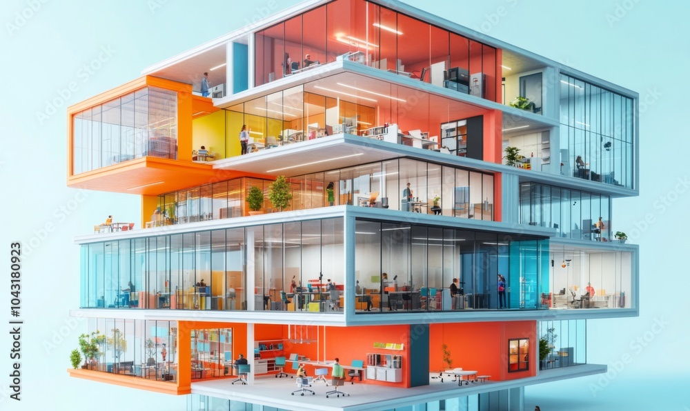 Isometric office building with floors cut away to reveal workers in ...