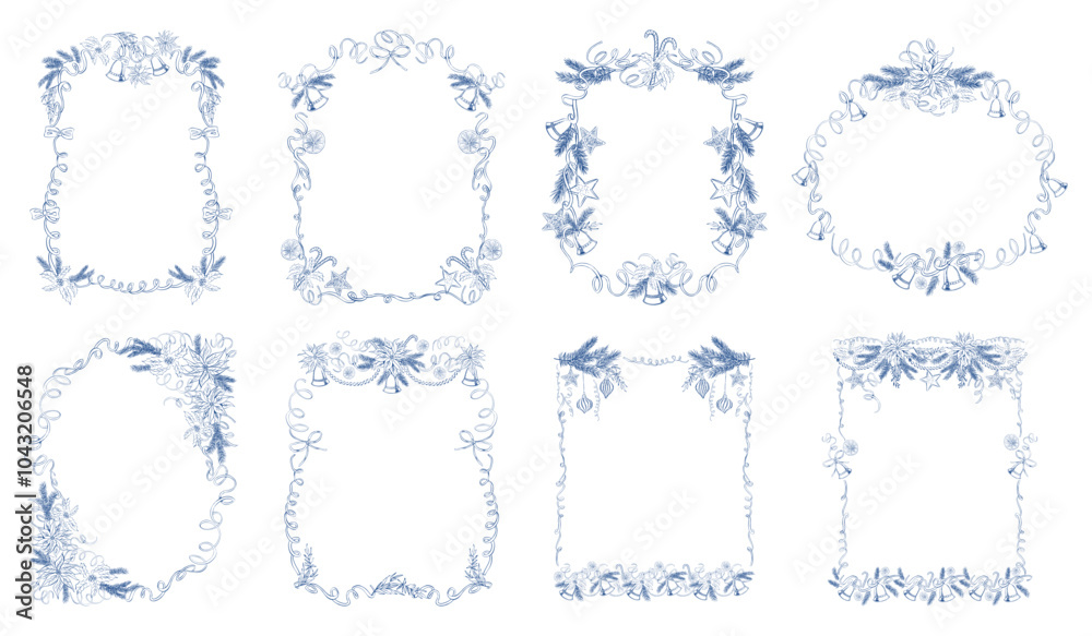 Christmas line art frames and borders, clipart witn bell and pine tree ...