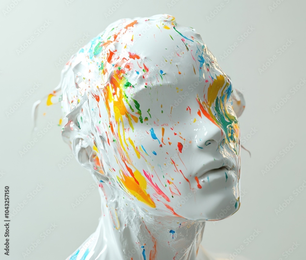 Sculpture of an abstract human figure with colorful paint splashes on the face, against a white ...