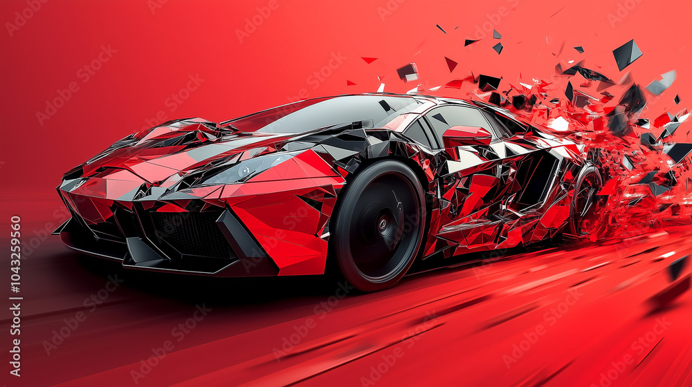 Fast Red Luxury Car Breaking Apart Into Polygons With Futuristic ...