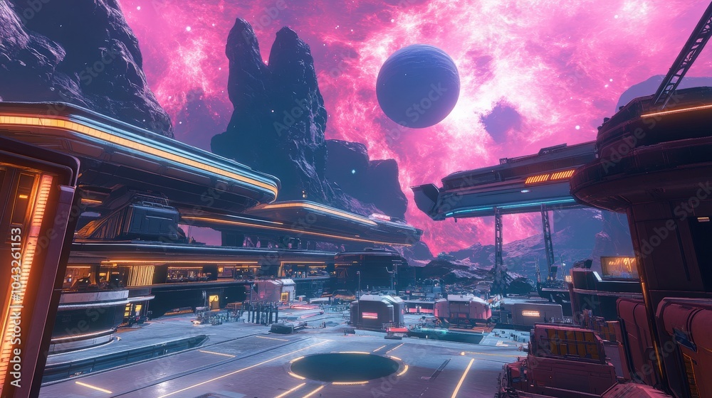 An AI-generated futuristic spaceport, where interstellar travelers dock ...