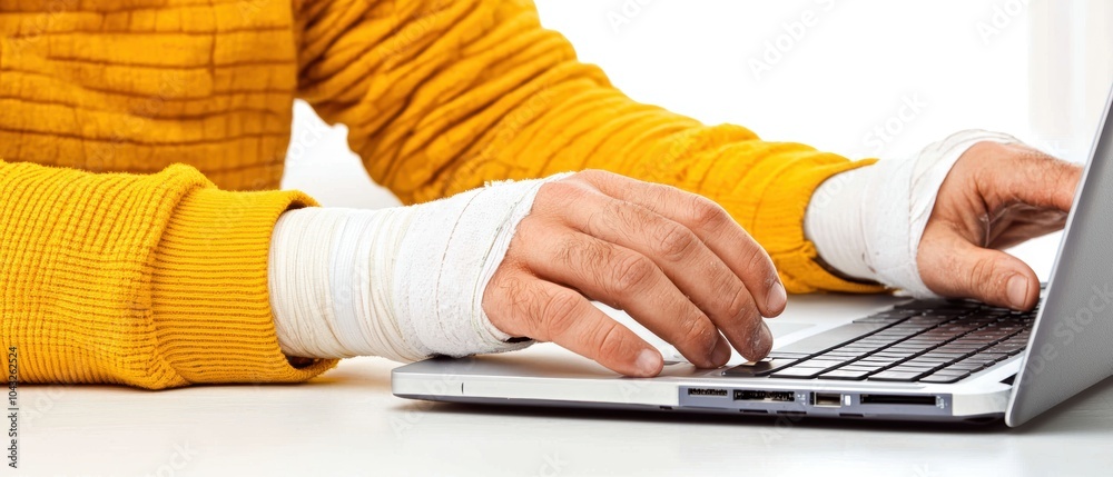 Young man with arm and foot bandages working on a laptop, highlighting ...