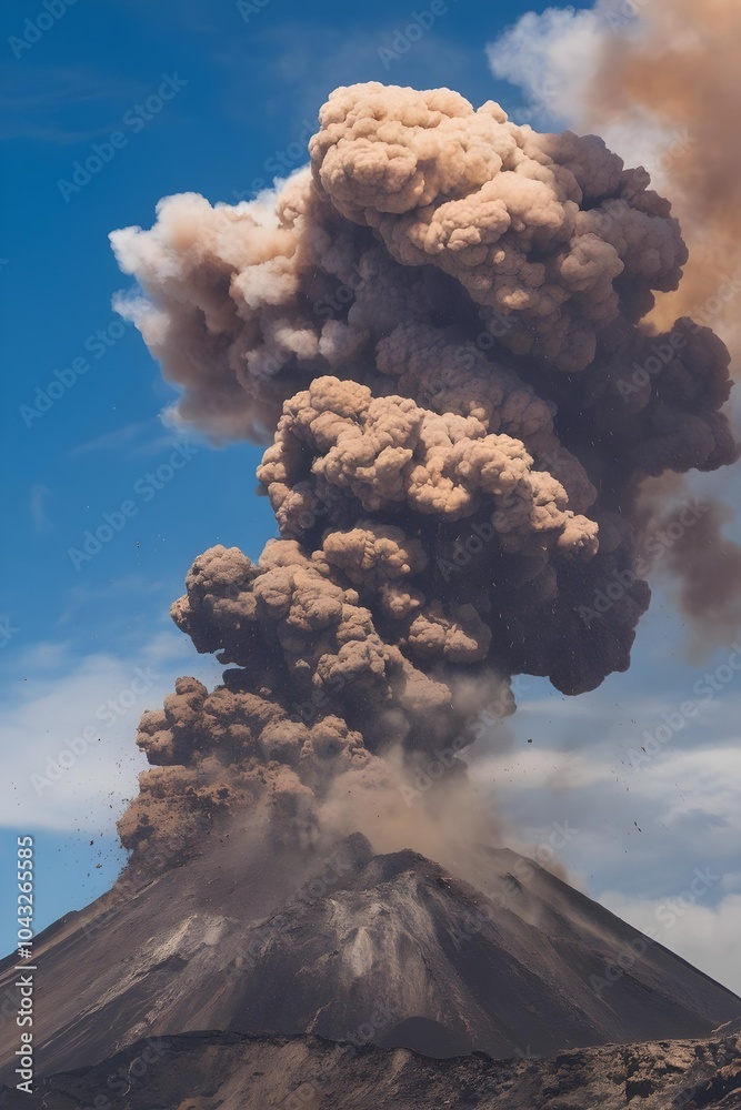 a volcanic eruption. The eruption is sending out a plume of smoke and ash high into the sky. The ...