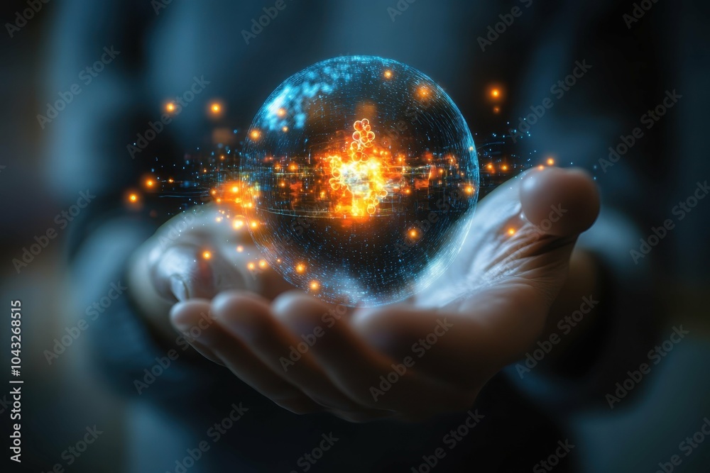 Hand holding hologram of stem cell transplant procedure highlighting ...