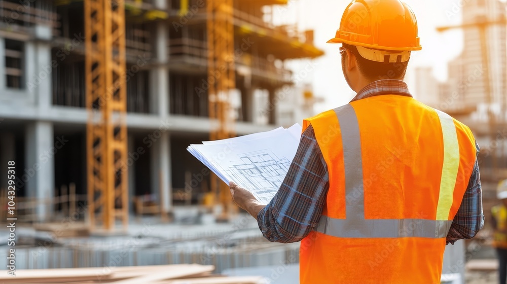Construction worker in uniform stands confidently at a construction ...