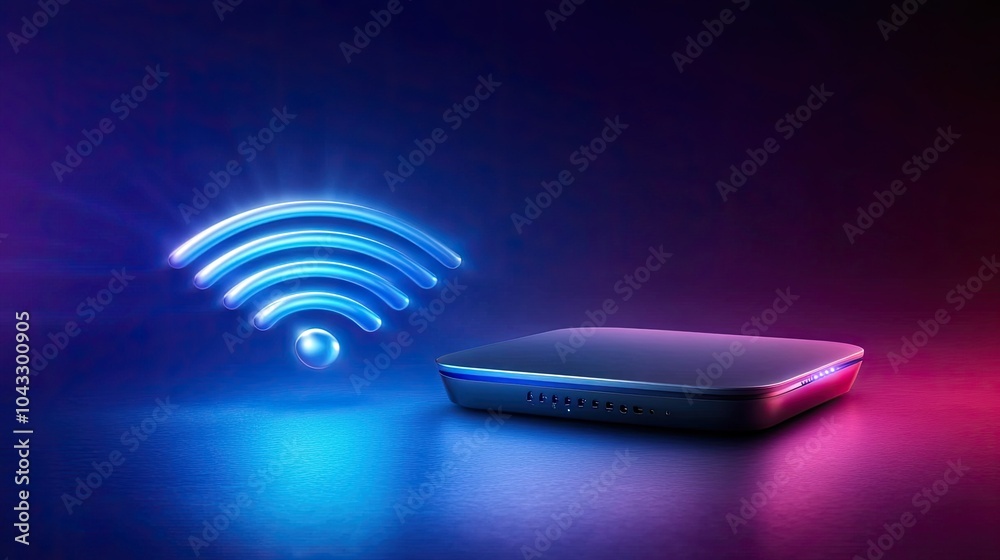 A modern Wi-Fi router with a vibrant blue and purple background ...
