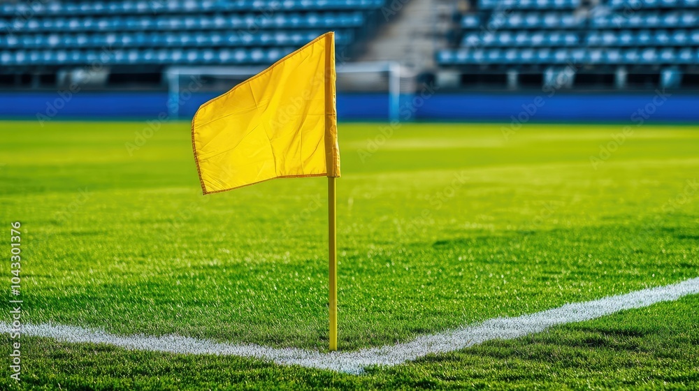Yellow corner flag in a football stadium, standing tall on the green pitch, with stadium seating ...