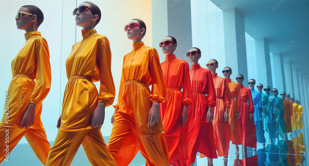 Fashion show with 10 models, wearing bold primary color clothes ...