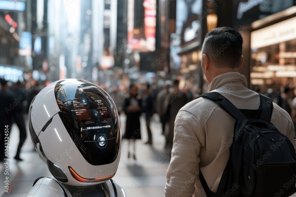 A human interacts with an advanced robot in an urban setting, capturing ...