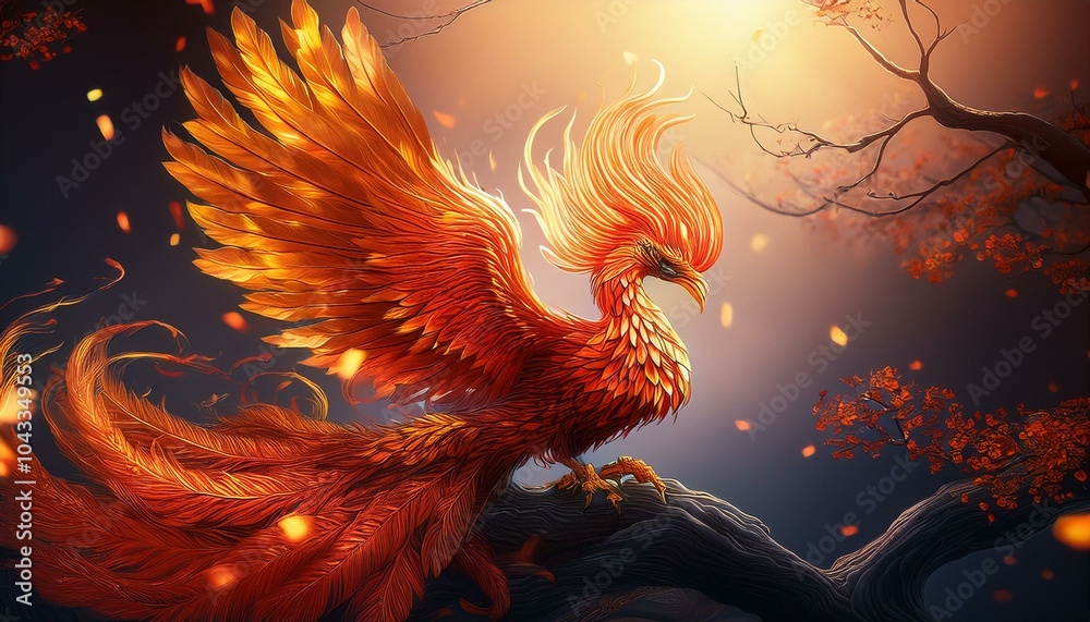 A fire phoenix rising out of the ashes; a mythical creature of the fire ...