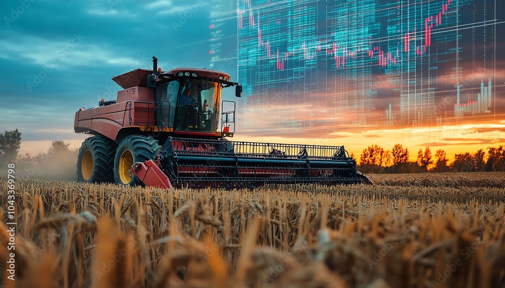 Wheat field with a combine harvester and stock market graph overlay ...