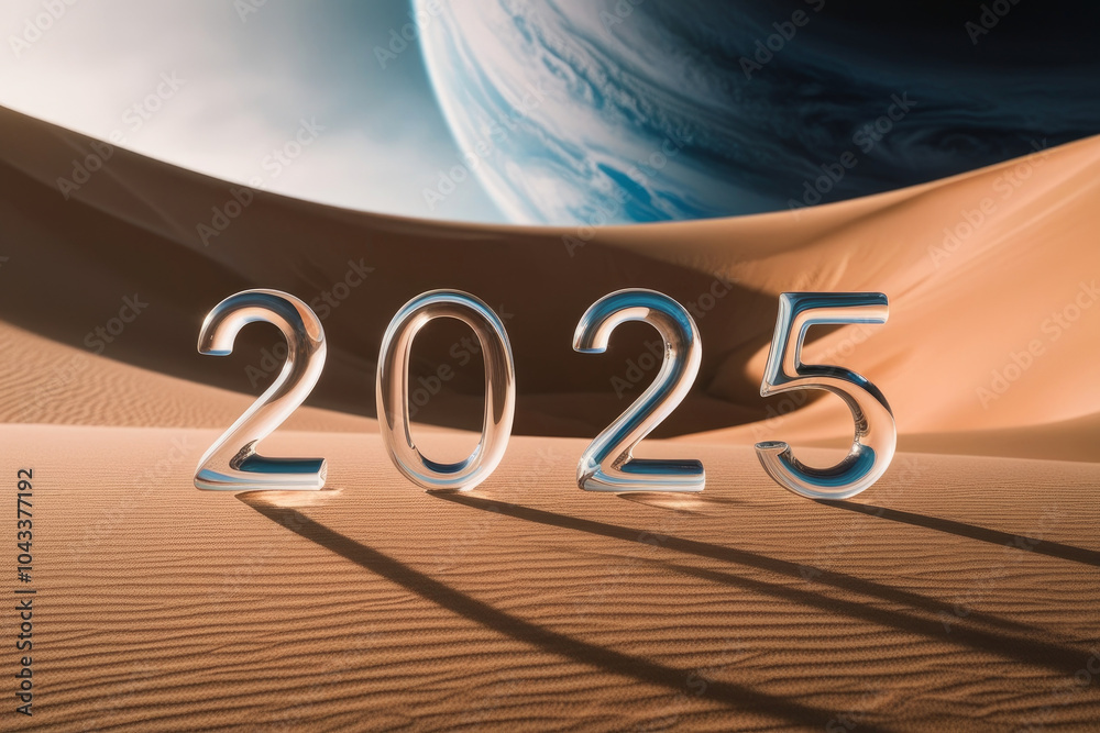 Numbers 2025 on desert background with planet Earth, World ...