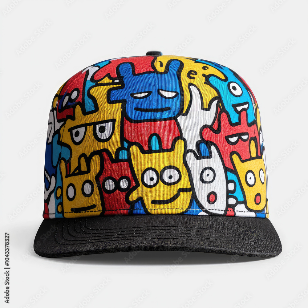 colorful baseball cap with a black brim with a pattern of cartoonish ...