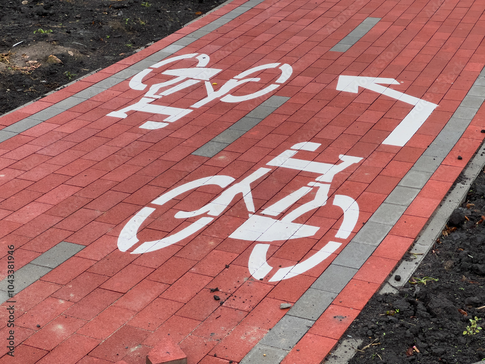 A freshly marked bicycle lane features large symbols for cyclists ...